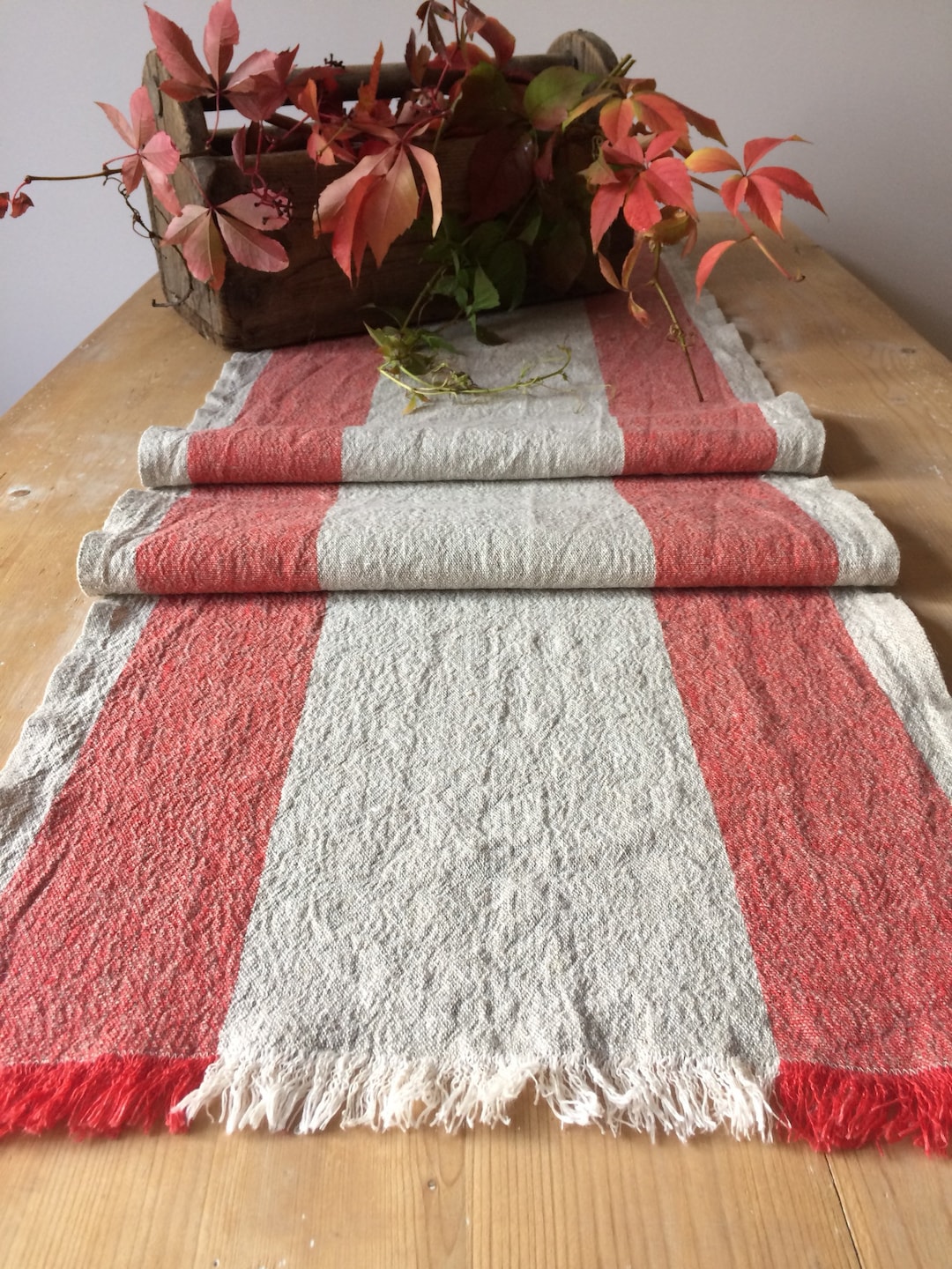 Handmade Red Striped Linen Table Runner: Rustic Thanksgiving Christmas ...