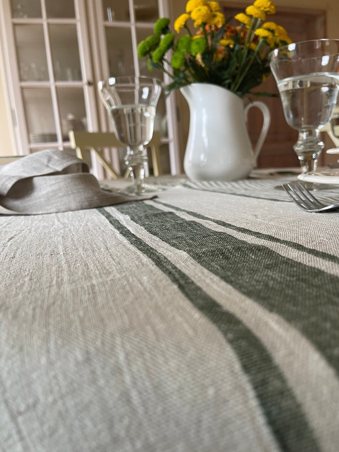 Gray Linen Tablecloth With Natural Green Stripes Striped - Etsy