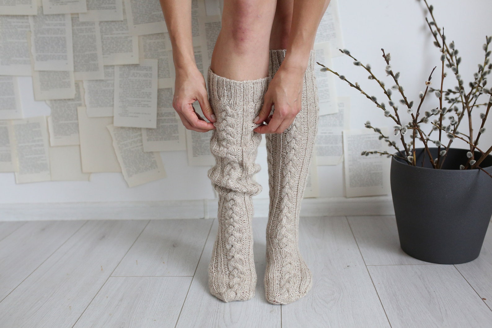 Knee Long Merino Wool Hand Knitted Socks, Unisex Natural Wool Hand ...