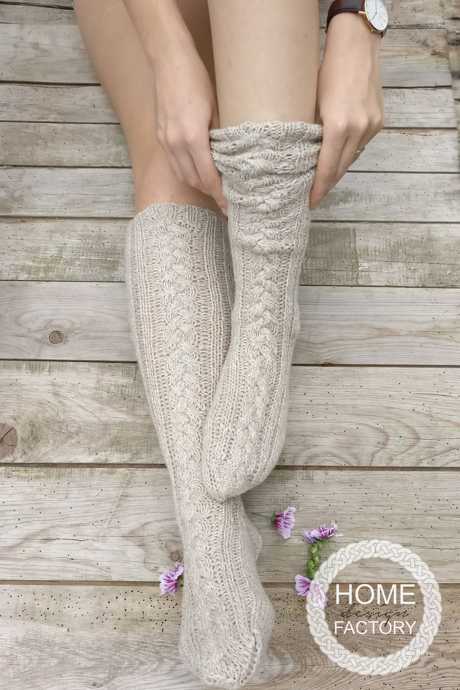 Knee Long Merino Wool Hand Knitted Socks, Unisex Natural Wool Hand ...