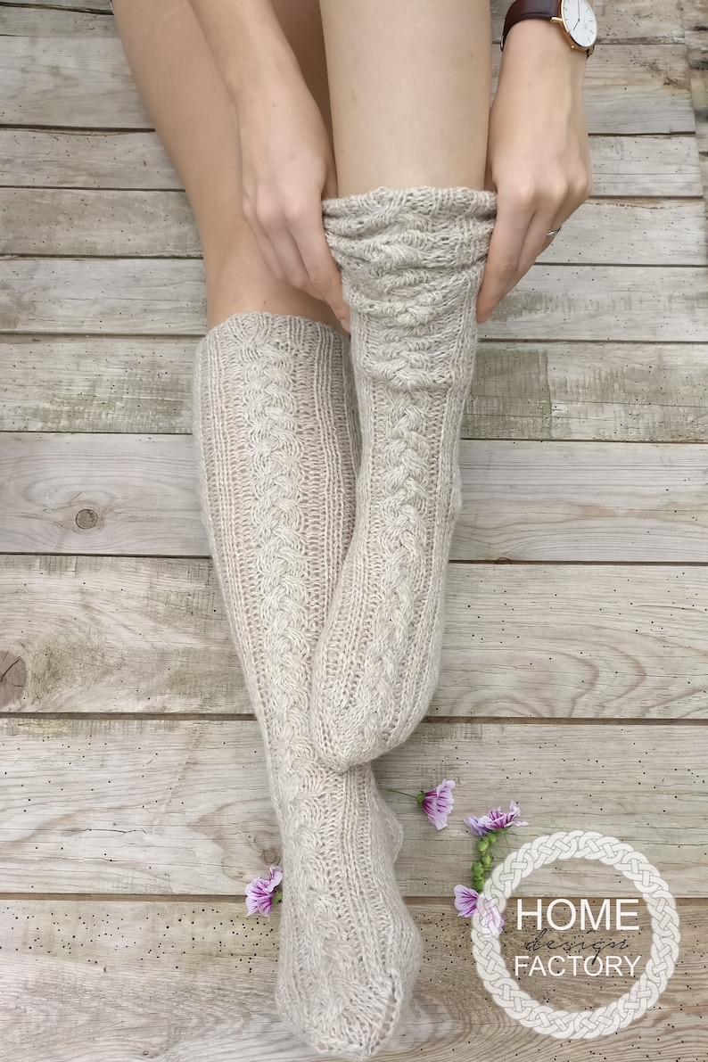 Knee Long Merino Wool Hand Knitted Socks, Unisex Natural Wool Hand ...