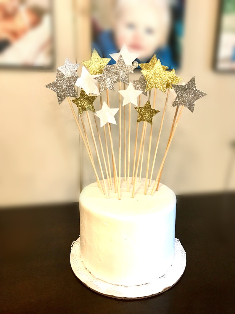 Star Cake Topper Set of 18 Gold White and Silver Glitter. - Etsy