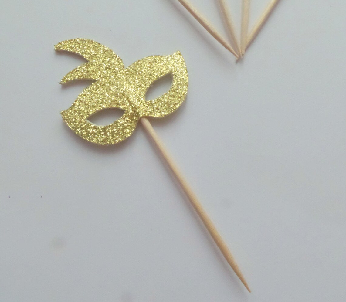 Gold Mardi Gras Mask Cupcake Toppers - Set of 12+ Masquerade Party ...