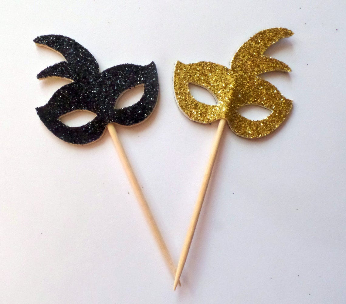 Black and Gold Mardi Gras Mask Cupcake Toppers Set of 12 | Etsy