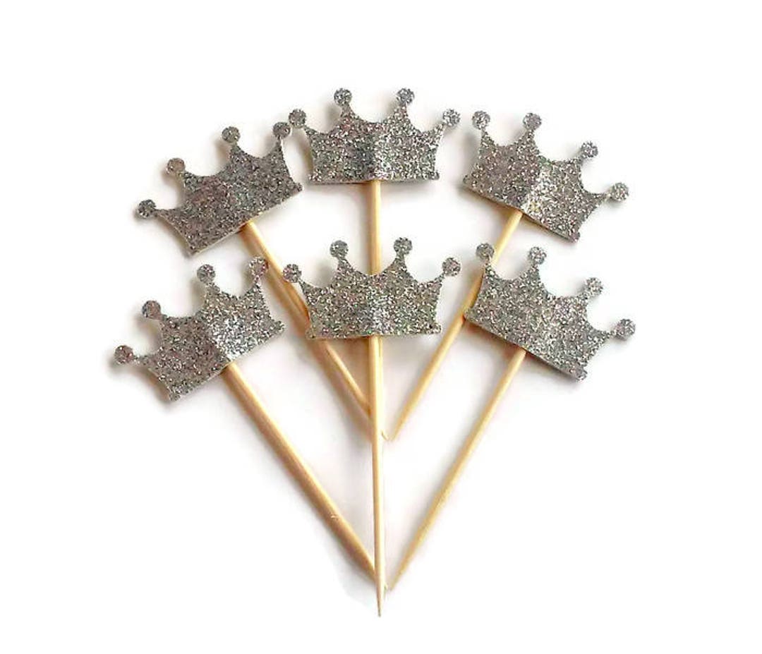 Prince / Princess Crown Silver Glitter Cupcake Toppers - Party Picks ...