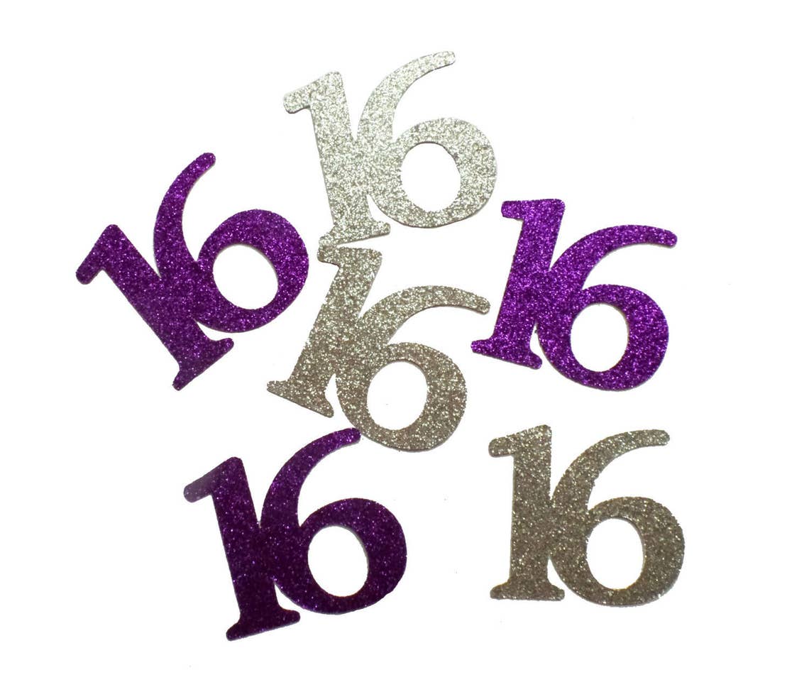 Custom Age Number Confetti - 16th Birthday, Sweet 16, Silver and Purple ...