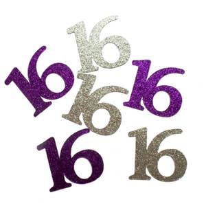 Custom Age Number Confetti - 16th Birthday, Sweet 16, Silver and Purple ...