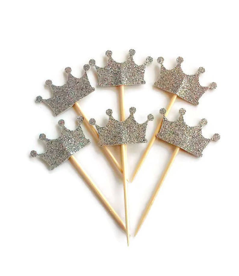 Prince / Princess Crown Silver Glitter Cupcake Toppers - Party Picks ...