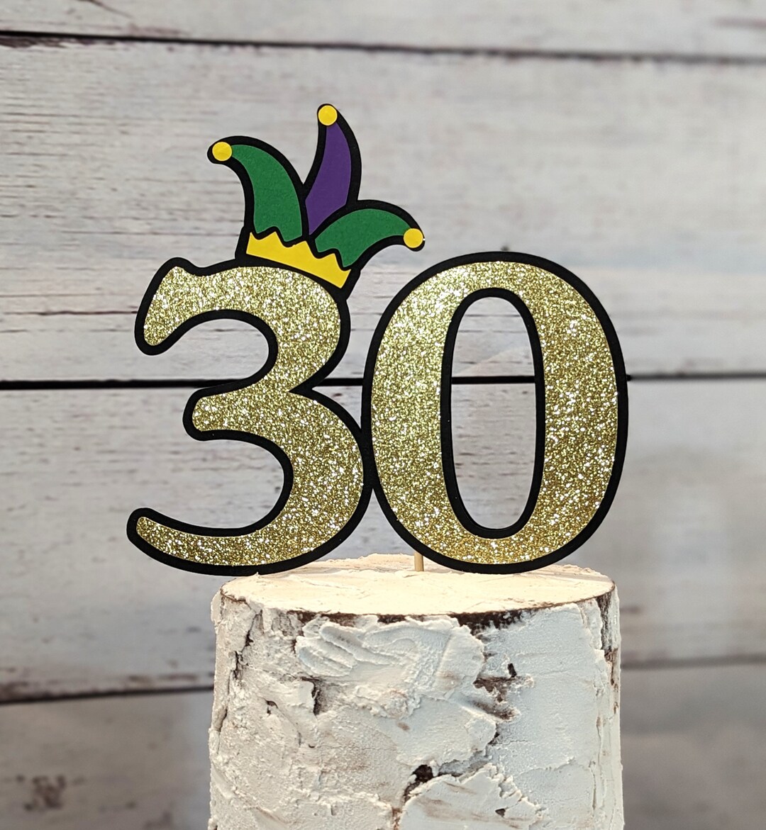 Custom Age Mardi Gras Cake Topper With Jester Hat - Masquerade Birthday ...