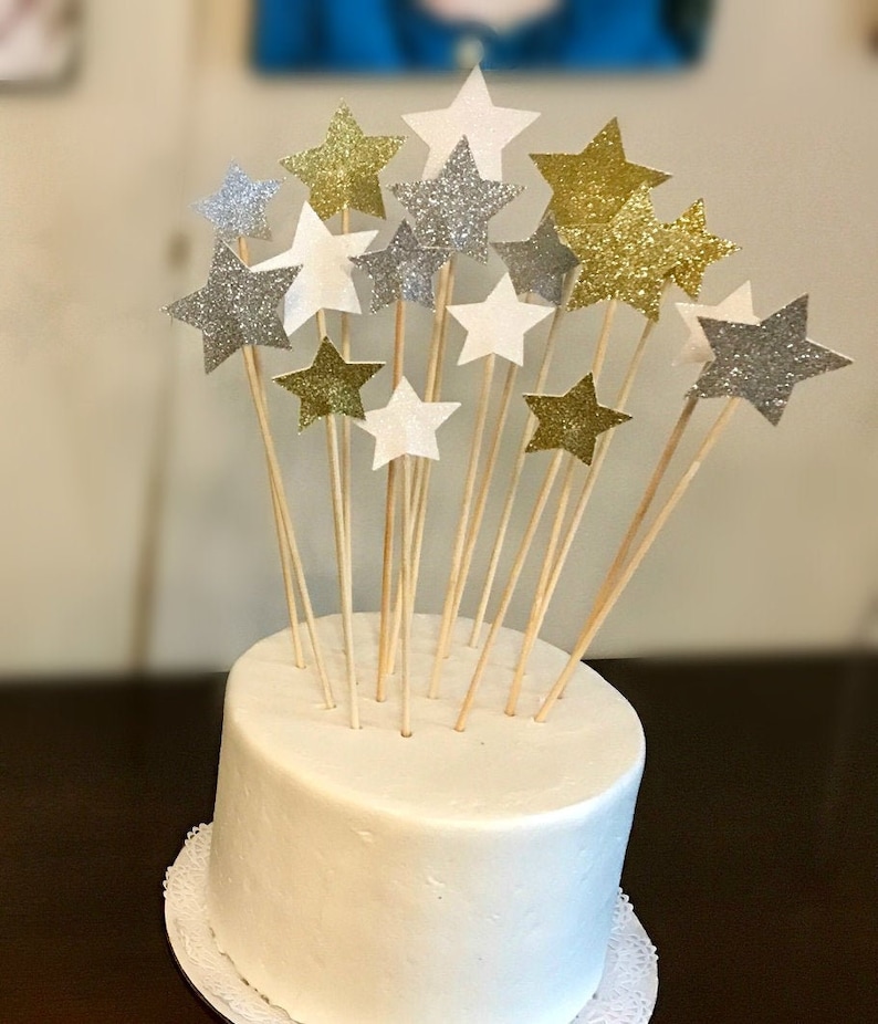 Star Cake Topper Set of 18 Gold White and Silver Glitter. - Etsy