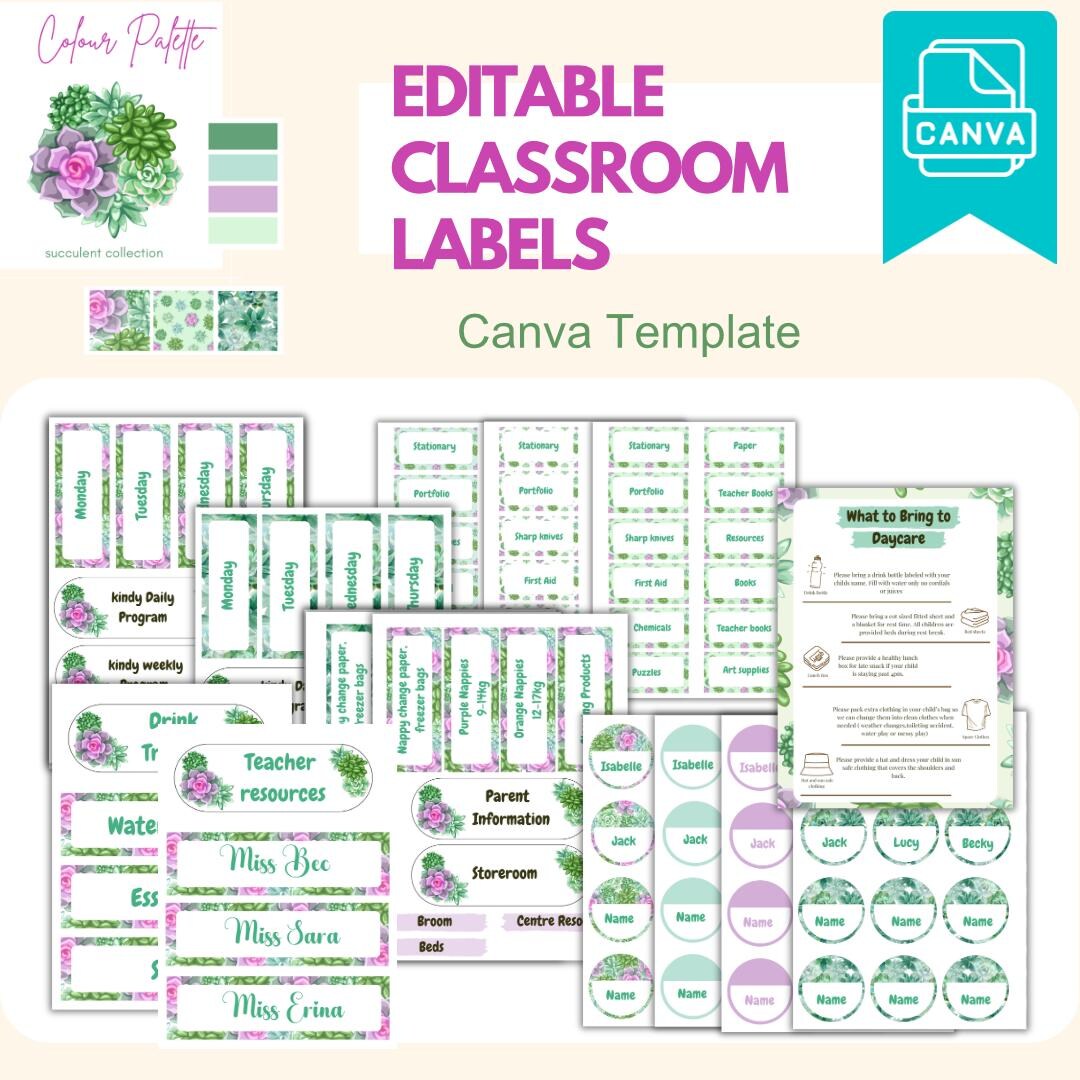 Succulent Classroom Labels | Editable Canva Template | Teacher ...