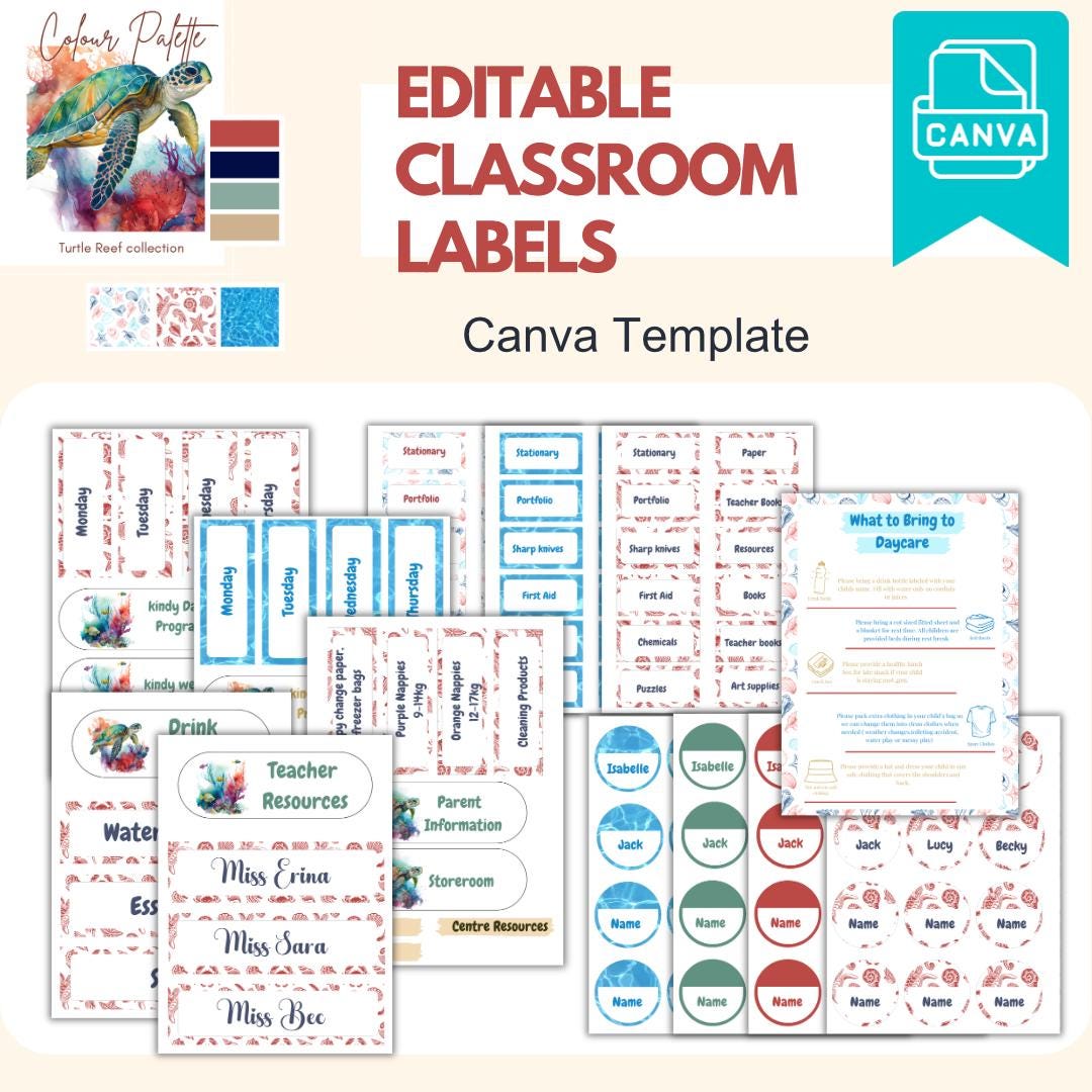 Turtle Reef Classroom Labels | Editable Canva Template | Teacher ...