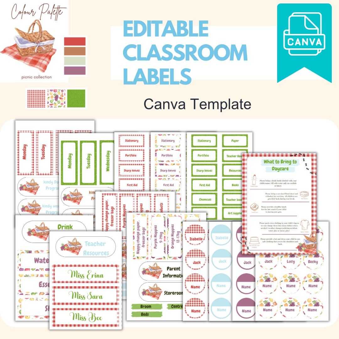 Picnic Classroom Labels | Editable Canva Template | Teacher Organising Labels | Classroom Decor ...