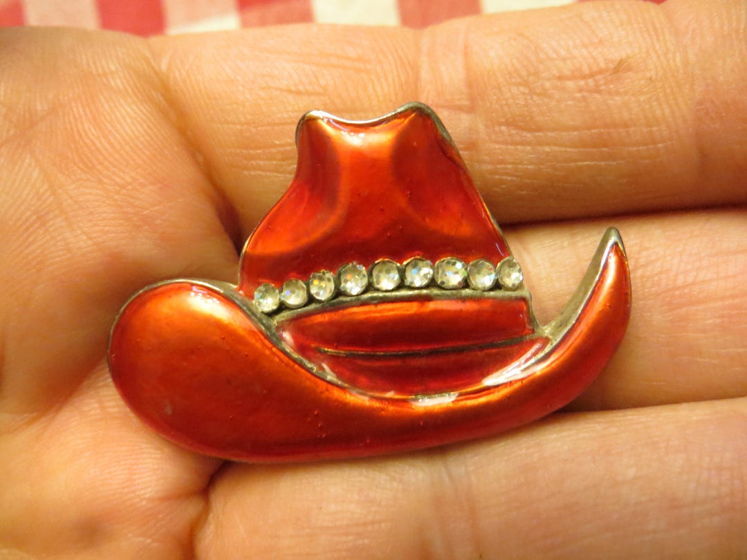 Vintage Red Cowboy Hat Pin Jewelry Rhinestones Enamel Brooch - Etsy