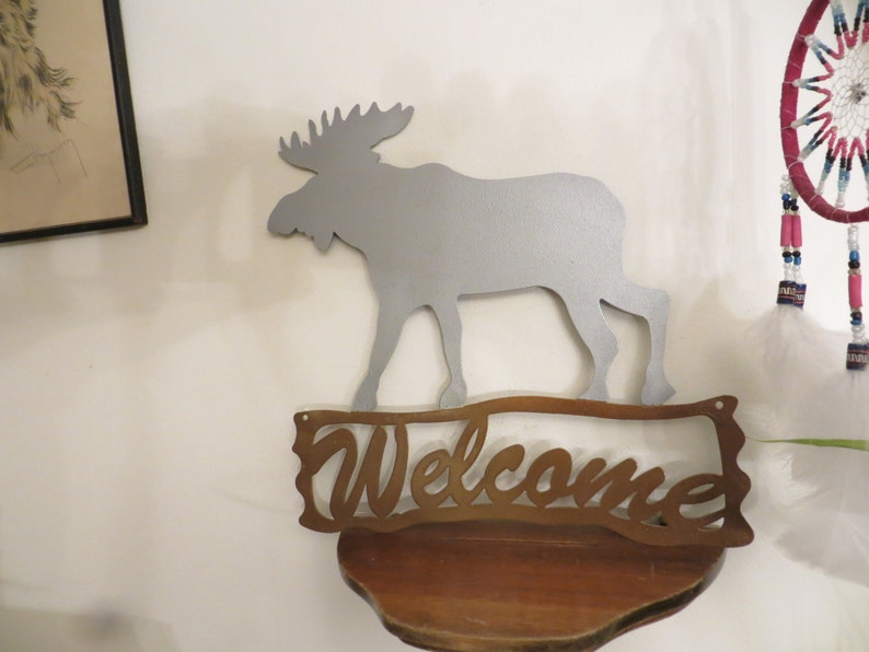 Vintage Moose Welcome Sign Metal Wall Decor Two Toned Wall Art, Please ...