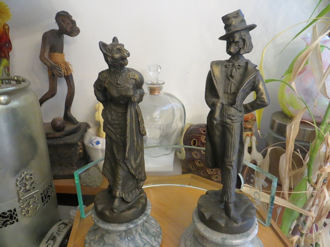 Victorian Cat and Dog Statues on Marble Bases, Please Read Description ...