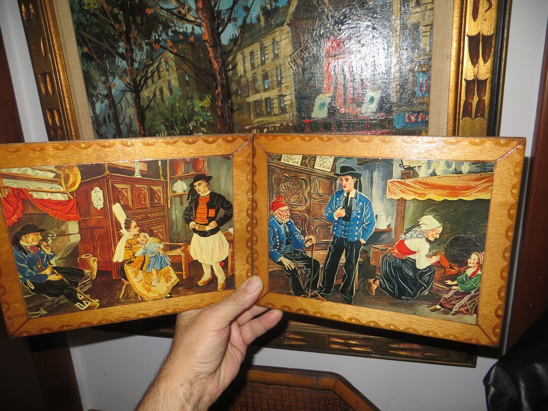 Pair of Vintage Wood Wall Plaque With Prints. - Etsy