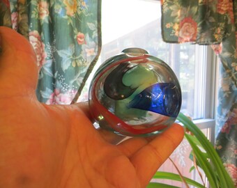 Vintage Jim Bush Hand Crafted Blue and Clear Swirl Art Glass Vase/small ...