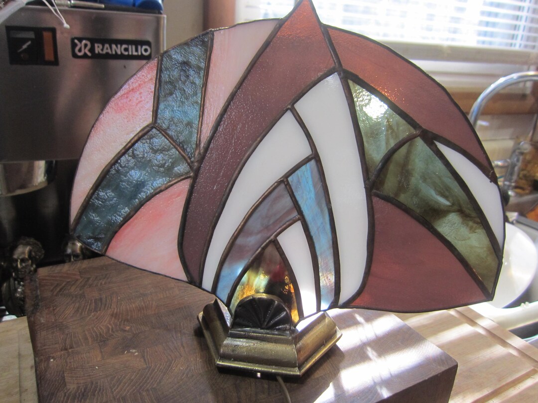 Stained Glass Art Deco Fan Table Lamp Signed and Dated, Vintage - Etsy