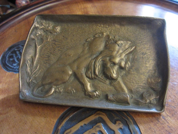 Vintage Lion Tray, ornate, bronze, high relief, dress… - Gem