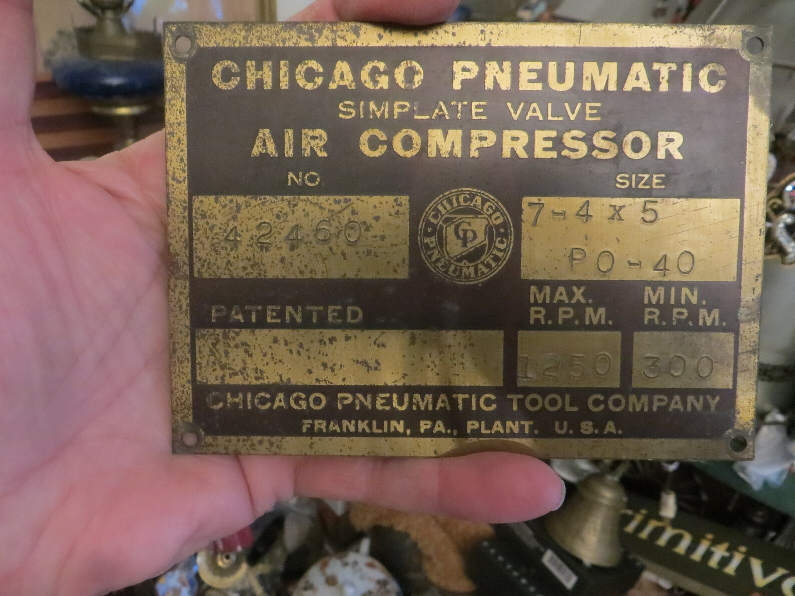 Vintage Brass Chicago Pneumatic Tool Company Air Compressor Plate Tag ...