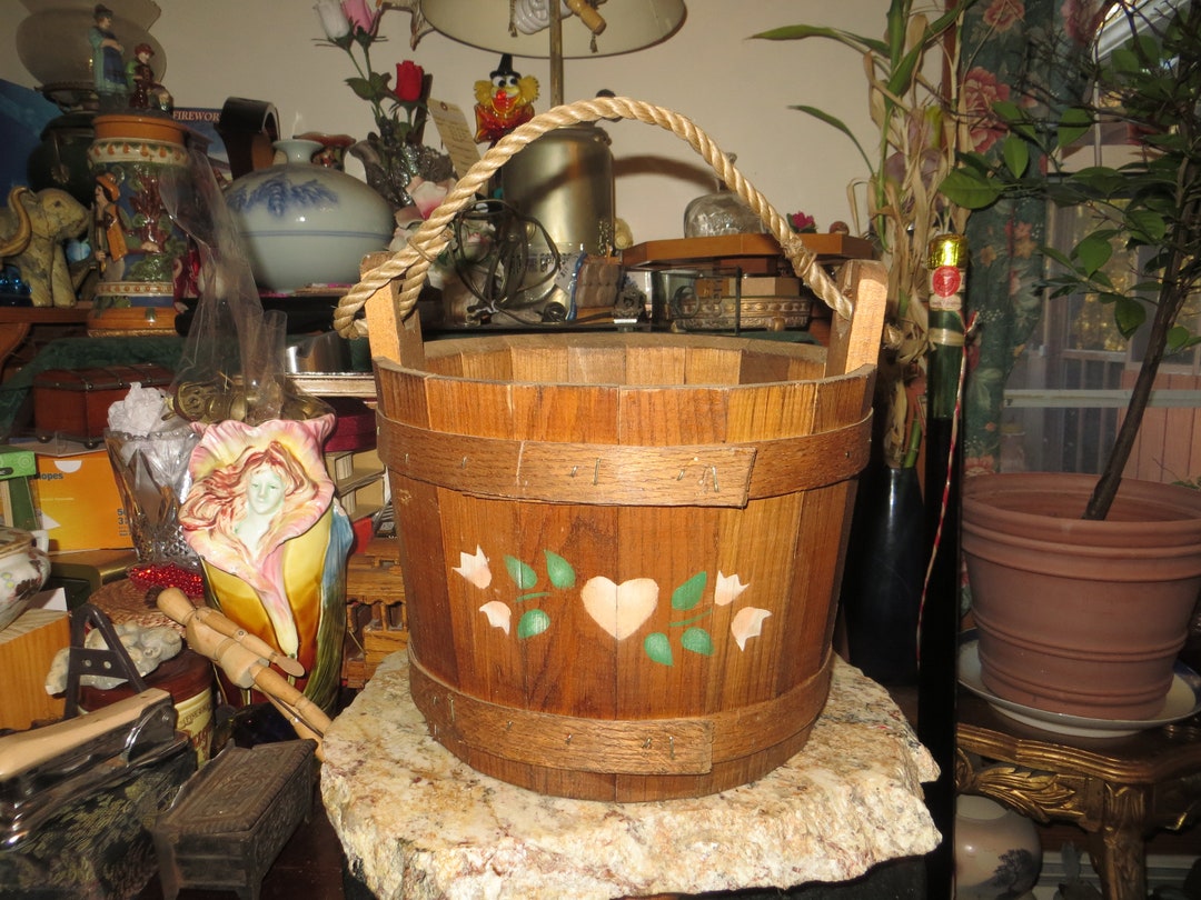 Primitive Panel Wood Bucket With Rope Handle, Wooden Pail Firkin Style ...