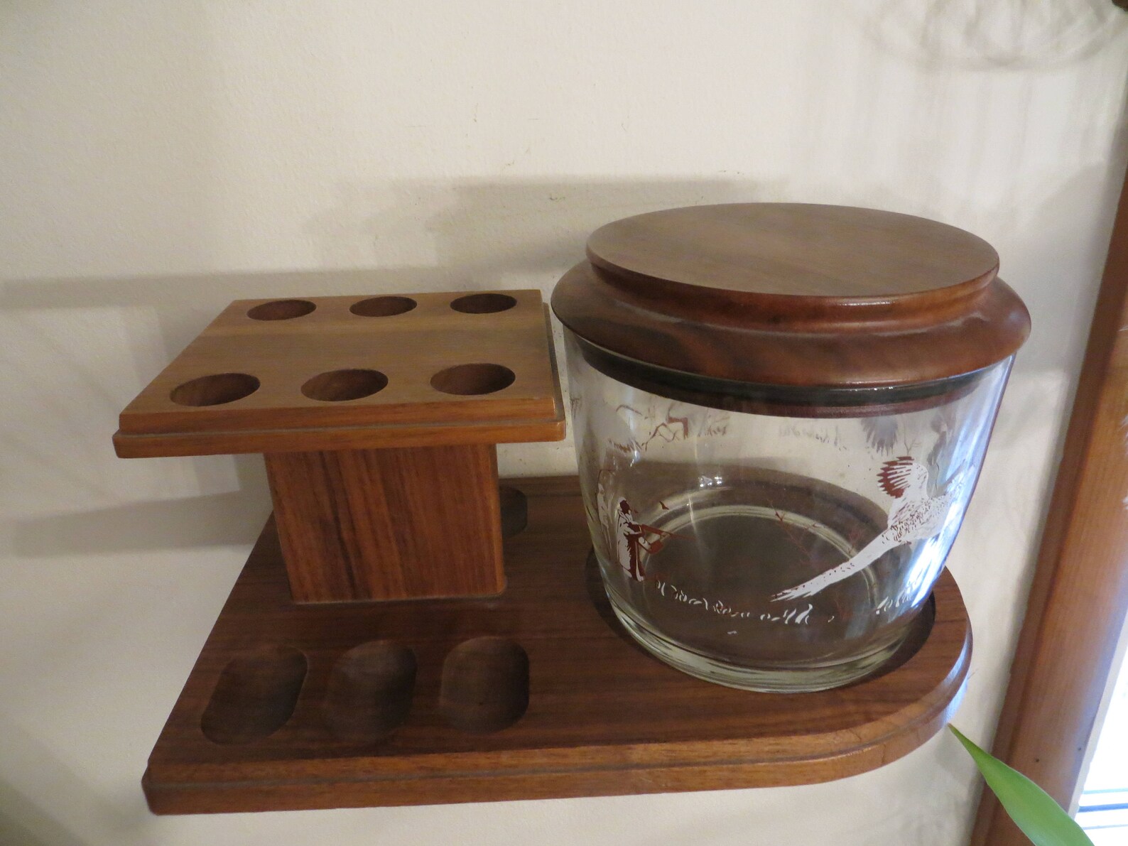 Vintage Wood 6 Pipe Stand Holder With Covered Glass Tobacco - Etsy