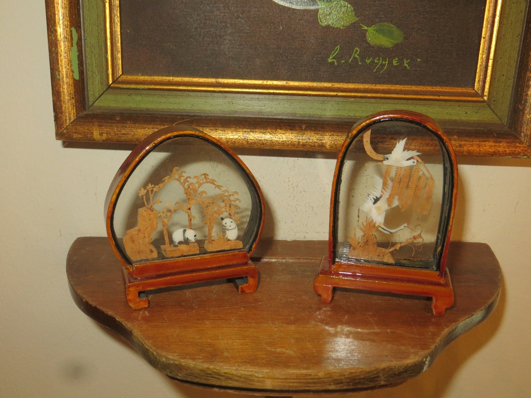 Pair of Cork Art, Asian, Panda Bears, Birds, - Etsy