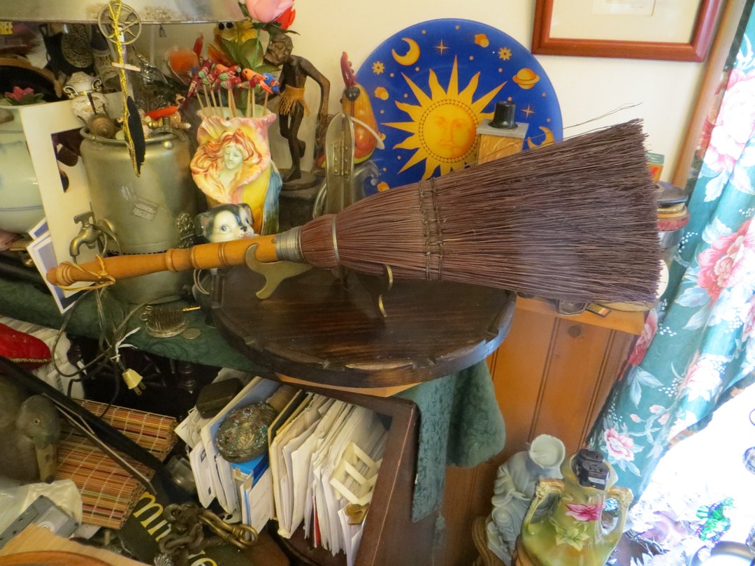 Vintage Straw Hand Broom Wire Coil Wrap Wood Handle Wisk Fireplace ...
