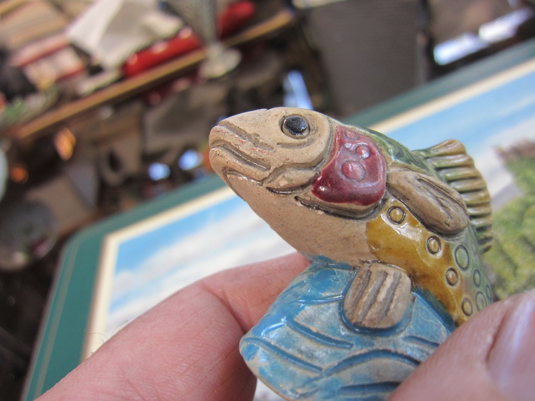 Hand Painted Clay Pottery Folk Art Fish Sculpture, Hand Painted ...