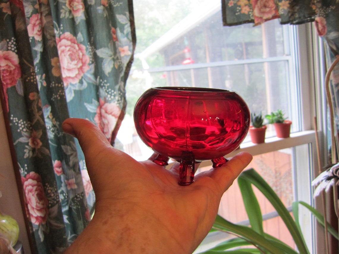 Vintage Ruby Red Round Glass Footed Bowl | Etsy