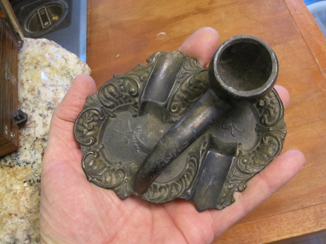 Cast Metal Ashtray With Pipe Match Holder Antique - Etsy