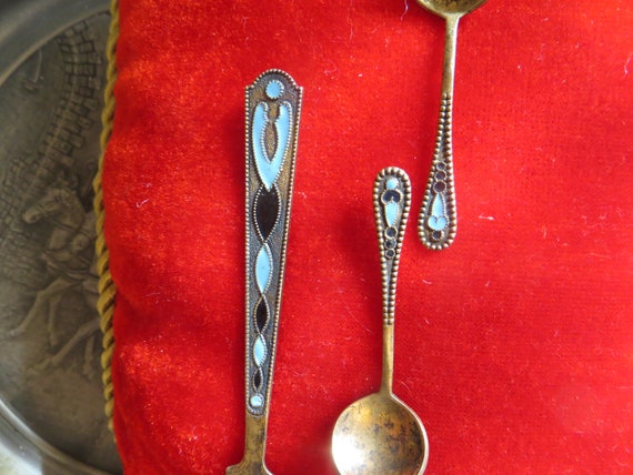 Russian 875 Silver Gold Plated Enamel Spoons and Fork Set Dining ...