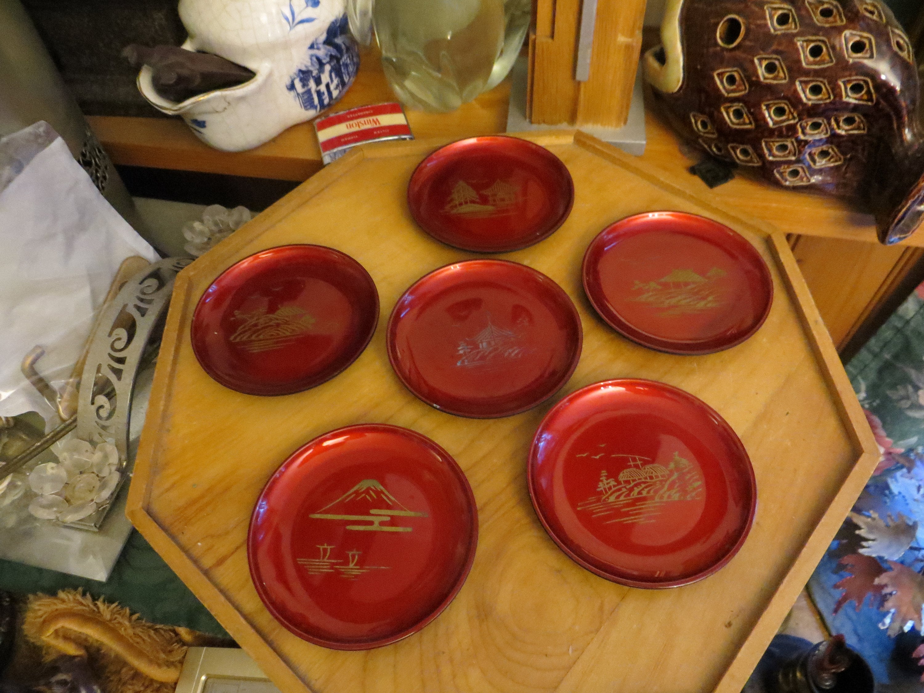 Red Lacquer Coaster Set in Storage Box Asian Vintage - Etsy