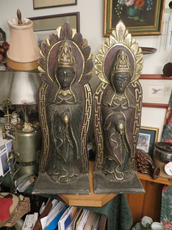 Large Asian Statues Figurines Wooden Carved Decorative | Etsy