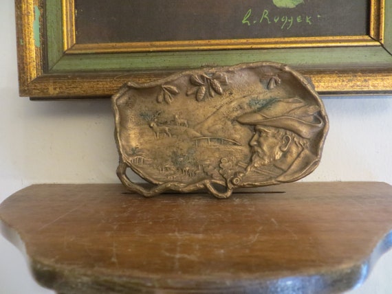 Antique Arts & Crafts Bronze Hunting Scene Trinket Tr… - Gem