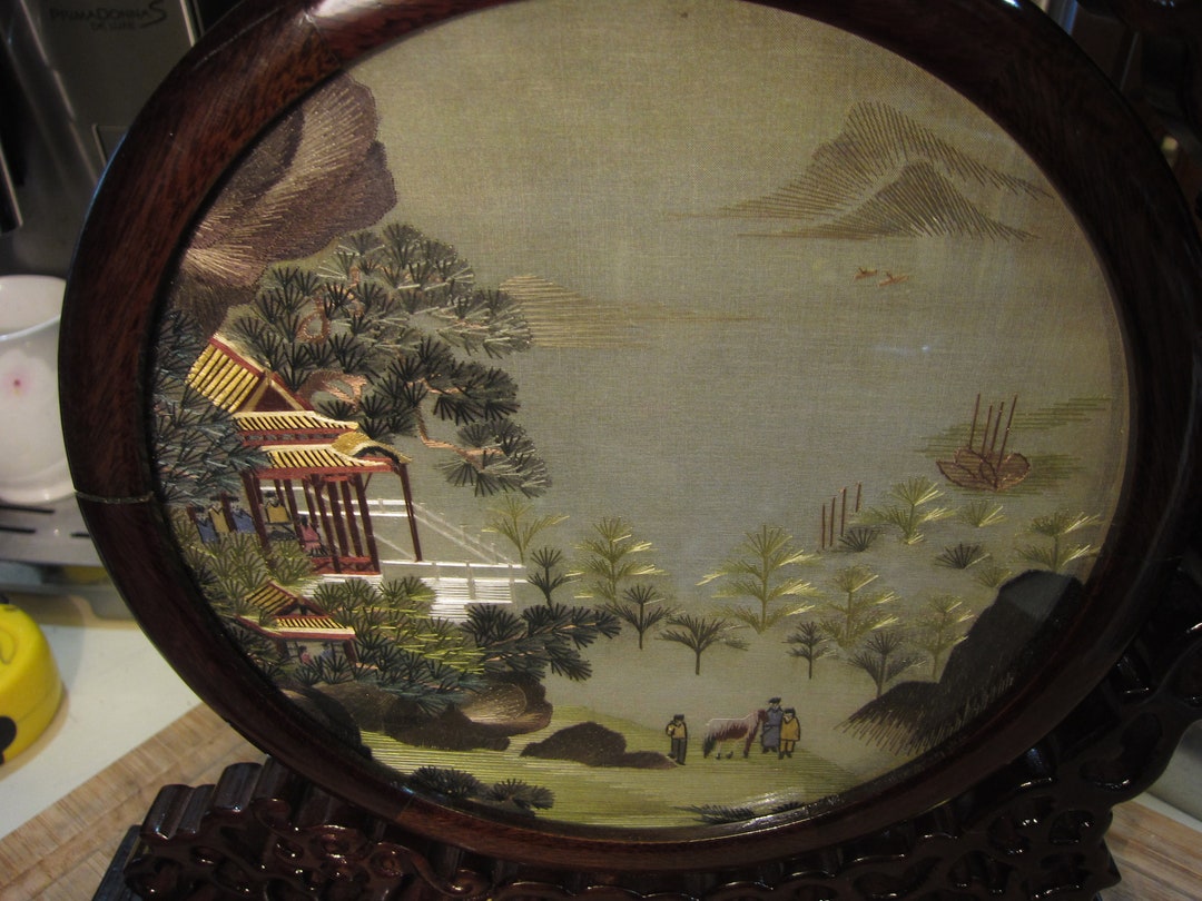 Vintage Chinese Double Sided Rotating Silk Embroidery Screen - Etsy