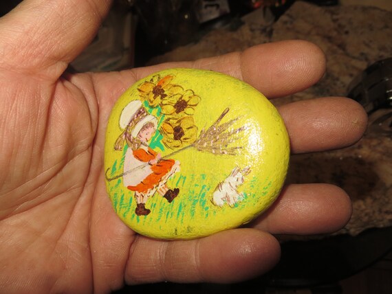 Old Child Painting on Stone Paperweight W/ Free Ship | Etsy