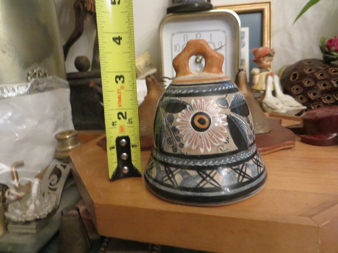 Pottery Bell, Hand Painted With Leaves and Clay Clapper Folk Art Bell ...