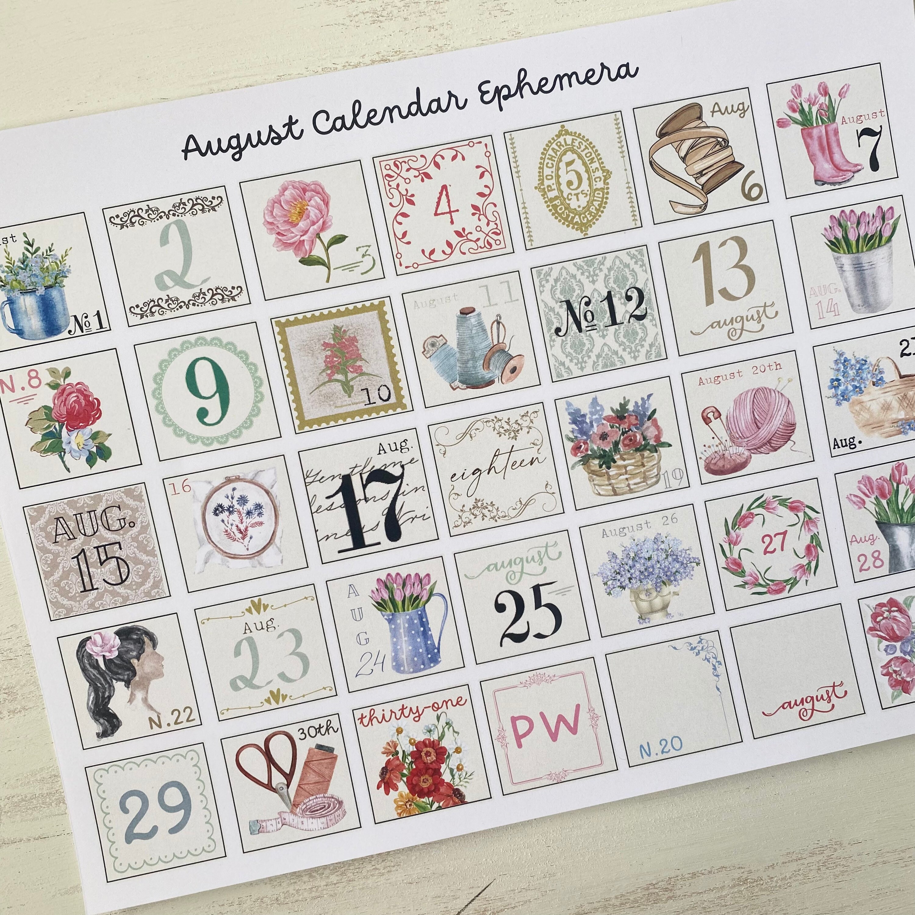 August Calendar Ephemera - Etsy