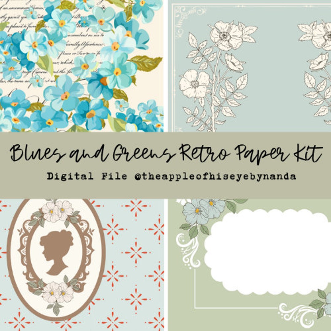 Blues & Greens Retro Paper Kit/scrapbooking Paper/ Vintage Paper/junk ...