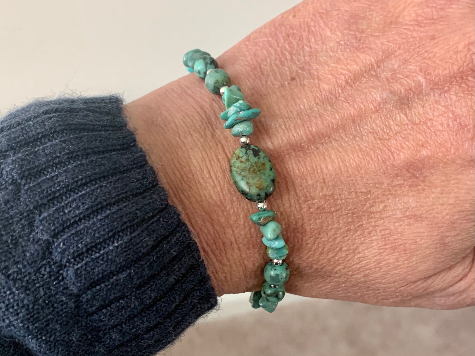 African Turquoise Stretch Bracelet Beaded With Sterling - Etsy Israel