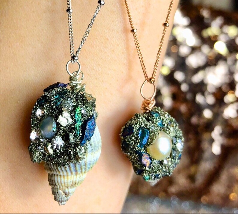Mermaid Necklace Seashell and Raw Peacock Ore Jewelry - Etsy