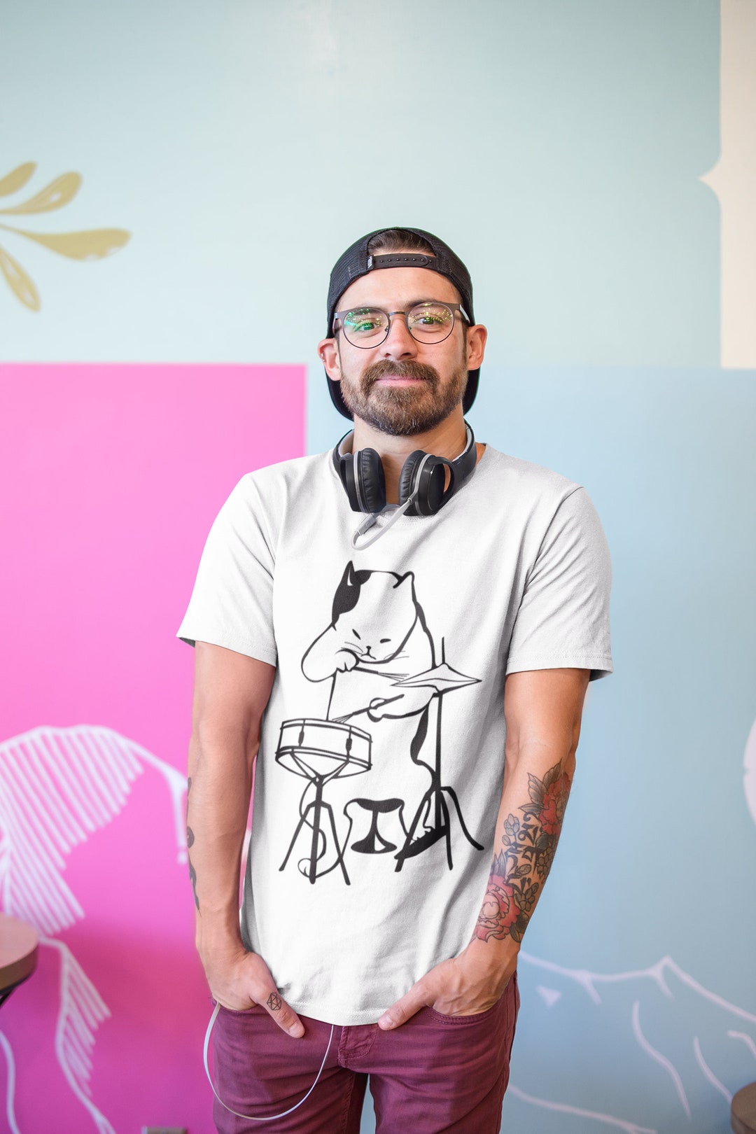 Drums Shirt, Gift for Drummer, Cat Playing Drums, Music Shirts, Gift ...