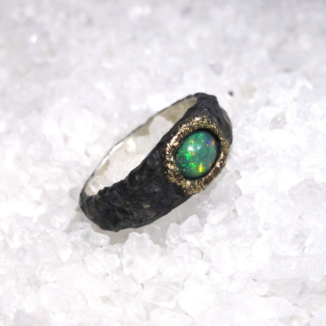 Organic Chaos Ring, Ethiopian Opal, Rustic Silver, Oxidized Molten Gold ...