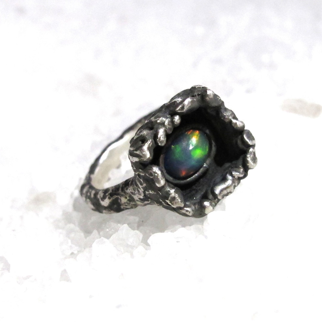 Rustic Opal Ring, Organic Fluid Silver, Black Esoteric Ring - Etsy