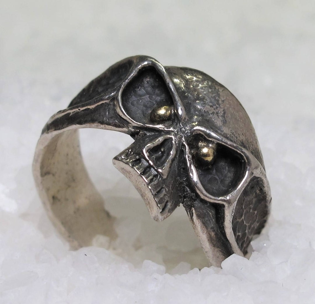Silver Biker Skull Ring and Gold Eyes, Ghost Rider Ring, Skeleton Dead ...