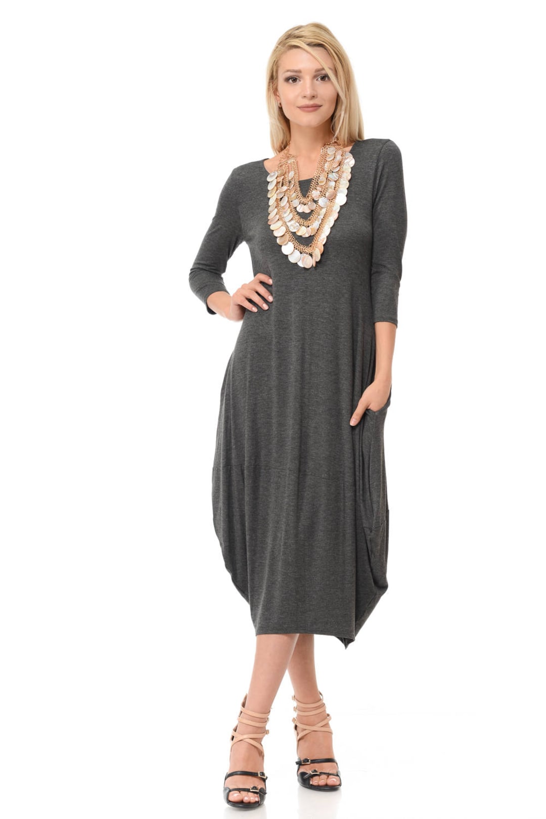 3/4 Sleeve Cocoon Midi Dress With Pocket Charcoal - Etsy