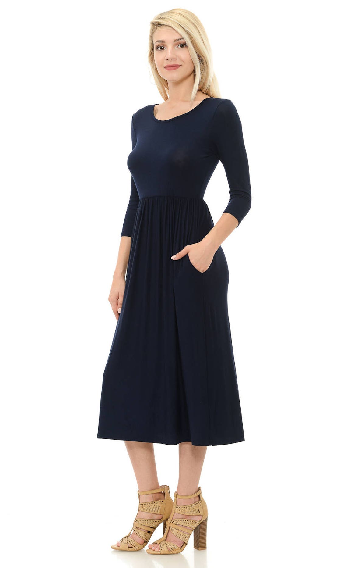 Fit And Flare Midi Dress With Pockets Navy Solid Etsy