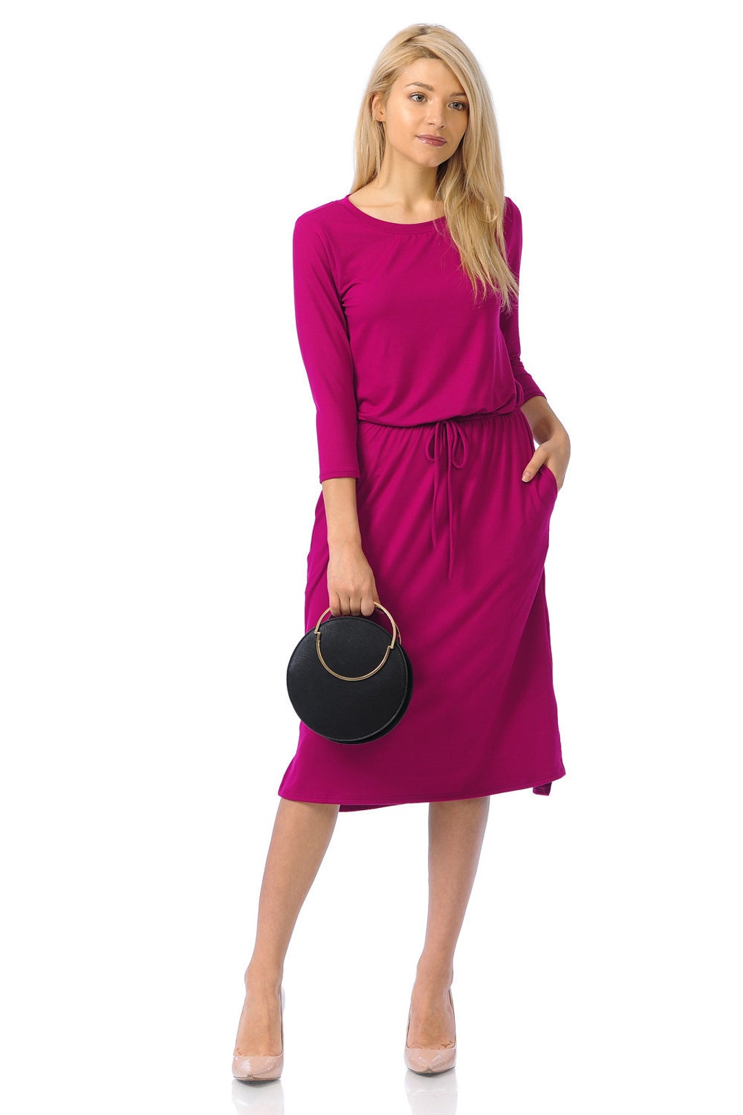 Relaxed Midi Dress With Elastic Waist Solid Fuchsia - Etsy